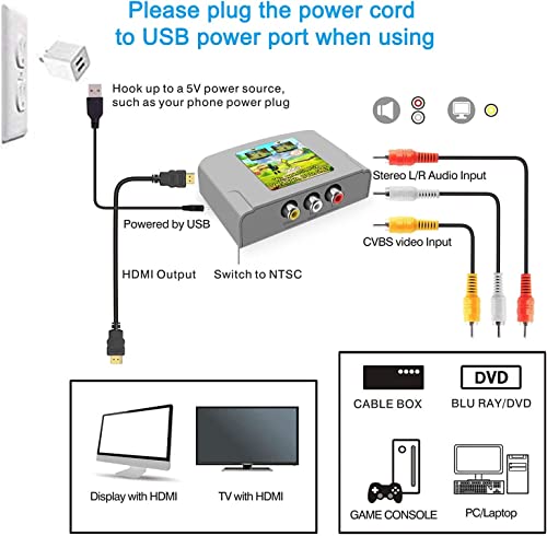 Dingsun RCA to HDMI Converter, V22B Mini RCA/ Composite/ CVBS/ AV to HDMI Video Audio Converter Adapter 1080P Supports 4:3/16:9 switche Compatible Xbox/ PS2/ WII/ SNES/ N64/ VHS/ VCR/ DVD ect.