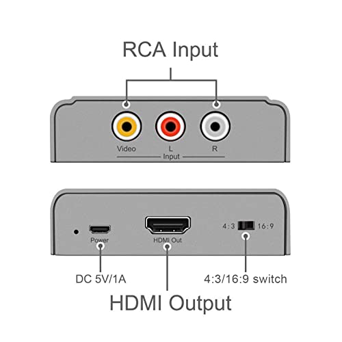 Dingsun RCA to HDMI Converter, V22B Mini RCA/ Composite/ CVBS/ AV to HDMI Video Audio Converter Adapter 1080P Supports 4:3/16:9 switche Compatible Xbox/ PS2/ WII/ SNES/ N64/ VHS/ VCR/ DVD ect.