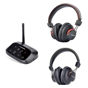 avantree ht5009 & audition, bundle – wireless over-ear headphones for tv sharing (2 pack) & a bluetooth transmitter with bypass for digital optical, rca, 3.5mm aux port tvs, no audio delay, long range