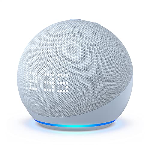 All-New Echo Dot (5th Gen, 2022 release) with clock | Cloud Blue, with Made for Amazon Battery Base| White