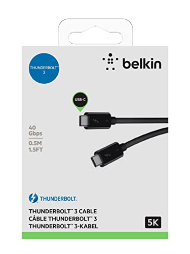 Belkin Thunderbolt 3 Cable (USB-C to USB-C) - USB C Cable For MacBook Air, Galaxy, Apple TV & More, Fast Charging Up To 100W, Made For USB-C, Thunderbolt 3 devices & 5K/Ultra HD - 1.6ft/0.5m - Black