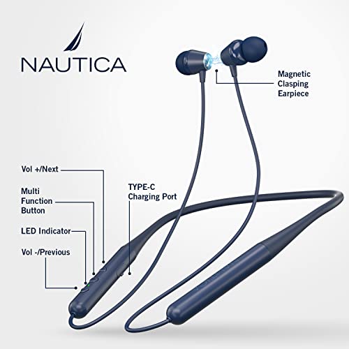 Nautica B310 Sport Wireless Bluetooth Earphones with Type-C Charging Cable, Neckband Earphones Magnetic Earbuds, Bluetooth v5.0 Earphones High Volume Levels, Flexibility, Portable Sweat Proof (Navy)