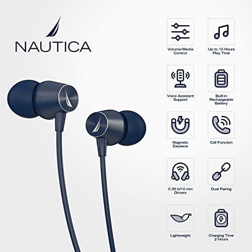 Nautica B310 Sport Wireless Bluetooth Earphones with Type-C Charging Cable, Neckband Earphones Magnetic Earbuds, Bluetooth v5.0 Earphones High Volume Levels, Flexibility, Portable Sweat Proof (Navy)