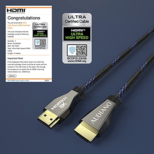 AUDIANO 8K HDMI 2.1 Cable, 48 Gbps Ultra High Speed 3D Nylon Braided Cord, Supports 8K 60Hz 4K 120Hz 144Hz, eARC Dolby Vision HDR 10, HDCP 2.2 2.3, Compatible with Roku/PS4/PS5/Blu-ray(6.6ft/2M)