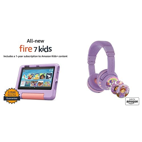 Fire 7 Kids Tablet Bundle. Includes Fire 7 Kids Tablet | Purple & Made For Amazon PlayTime Volume Limiting Bluetooth Kids Headphones Age (3-7) | Purple