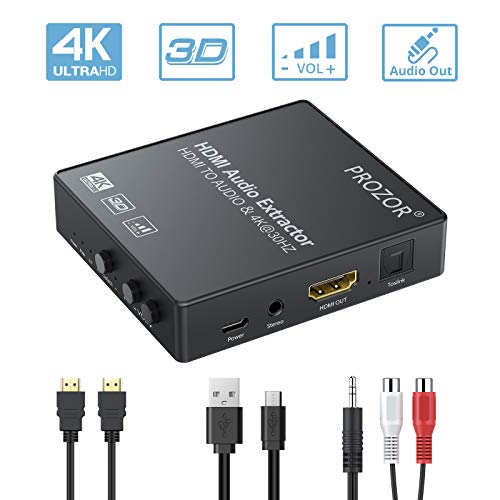 PROZOR HDMI Audio Extractor with Volume Control 4K, HDMI to Optical Spdif Toslink + R/L(RCA) + 3.5mm Stereo Audio Support 4K 3D 1080P