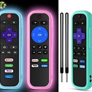 3 Pack Remote Cover for Roku, The Remote Case Compatible with Roku Voice Remote Official, Silicone Universal Protective Controller Sleeve for Roku TV Remote Glow in The Dark Pink Blue