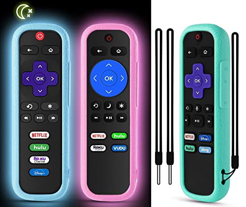 3 Pack Remote Cover for Roku, The Remote Case Compatible with Roku Voice Remote Official, Silicone Universal Protective Controller Sleeve for Roku TV Remote Glow in The Dark Pink Blue