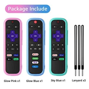 3 Pack Remote Cover for Roku, The Remote Case Compatible with Roku Voice Remote Official, Silicone Universal Protective Controller Sleeve for Roku TV Remote Glow in The Dark Pink Blue