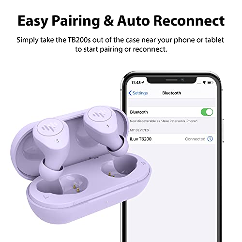 iLuv TB200 Purple True Wireless Earbuds Cordless in-Ear Bluetooth 5.0 with Hands-Free Call Microphone, IPX6 Waterproof Protection, High-Fidelity Sound; Includes Compact Charging Case & 4 Ear Tips