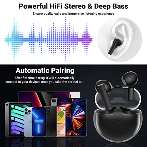 TITACUTE Wireless Earbud Bluetooth Headphone Clear in-Ear Earphone for iPhone 14 13 Pro Max 12 11 XR 8 Galaxy Z Flip Fold 4 3 Samsung S23 S22 S21 S20 A53 A14 Pixel 6 7 6a Noise Canceling USB C Headset