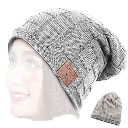 Bluetooth Beanie Hat Beanie Headset Wireless Music Hat Stereo Headphones Winter Cap Handsfree Call Earphone Knit Hat for Women Men Boy Girls Outdoor Sport Running Skiing Walking Cycling (Grey)