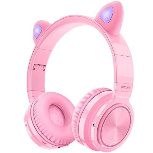 Picun Cat Ear Bluetooth Headphones 40 Hours Playtime with Romantic LED Light Up, Over Ear Girls Wireless Headphones with HD Mic, Foldable, Soft Memory Earmuff, for PC/Tablet/School Kids Adults - Pink