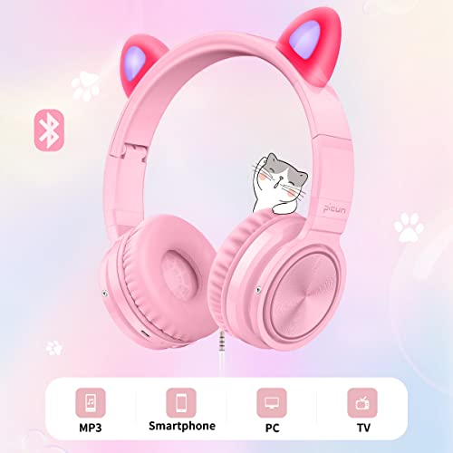 Picun Cat Ear Bluetooth Headphones 40 Hours Playtime with Romantic LED Light Up, Over Ear Girls Wireless Headphones with HD Mic, Foldable, Soft Memory Earmuff, for PC/Tablet/School Kids Adults - Pink