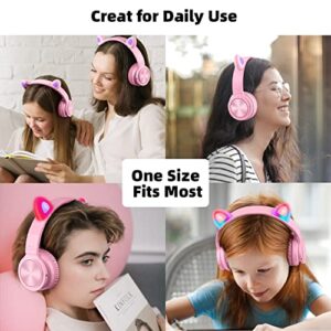 Picun Cat Ear Bluetooth Headphones 40 Hours Playtime with Romantic LED Light Up, Over Ear Girls Wireless Headphones with HD Mic, Foldable, Soft Memory Earmuff, for PC/Tablet/School Kids Adults - Pink