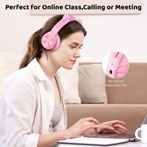 Picun Cat Ear Bluetooth Headphones 40 Hours Playtime with Romantic LED Light Up, Over Ear Girls Wireless Headphones with HD Mic, Foldable, Soft Memory Earmuff, for PC/Tablet/School Kids Adults - Pink