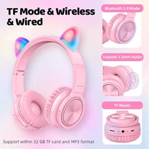 Picun Cat Ear Bluetooth Headphones 40 Hours Playtime with Romantic LED Light Up, Over Ear Girls Wireless Headphones with HD Mic, Foldable, Soft Memory Earmuff, for PC/Tablet/School Kids Adults - Pink