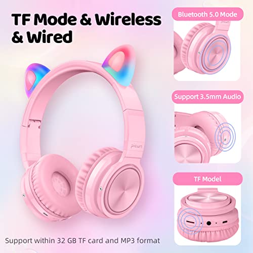 Picun Cat Ear Bluetooth Headphones 40 Hours Playtime with Romantic LED Light Up, Over Ear Girls Wireless Headphones with HD Mic, Foldable, Soft Memory Earmuff, for PC/Tablet/School Kids Adults - Pink