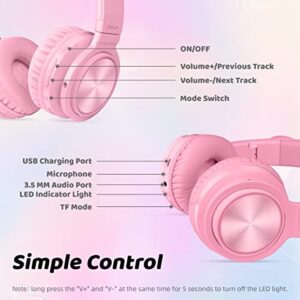 Picun Cat Ear Bluetooth Headphones 40 Hours Playtime with Romantic LED Light Up, Over Ear Girls Wireless Headphones with HD Mic, Foldable, Soft Memory Earmuff, for PC/Tablet/School Kids Adults - Pink