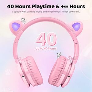 Picun Cat Ear Bluetooth Headphones 40 Hours Playtime with Romantic LED Light Up, Over Ear Girls Wireless Headphones with HD Mic, Foldable, Soft Memory Earmuff, for PC/Tablet/School Kids Adults - Pink