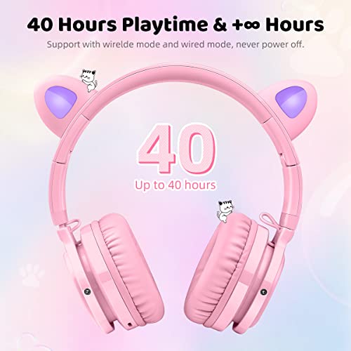 Picun Cat Ear Bluetooth Headphones 40 Hours Playtime with Romantic LED Light Up, Over Ear Girls Wireless Headphones with HD Mic, Foldable, Soft Memory Earmuff, for PC/Tablet/School Kids Adults - Pink