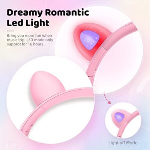 Picun Cat Ear Bluetooth Headphones 40 Hours Playtime with Romantic LED Light Up, Over Ear Girls Wireless Headphones with HD Mic, Foldable, Soft Memory Earmuff, for PC/Tablet/School Kids Adults - Pink