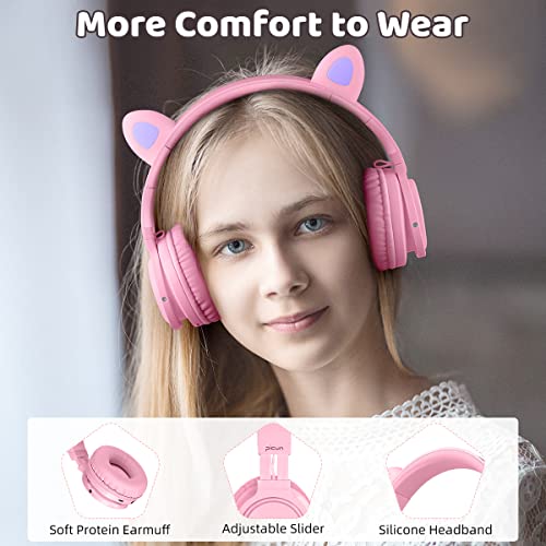 Picun Cat Ear Bluetooth Headphones 40 Hours Playtime with Romantic LED Light Up, Over Ear Girls Wireless Headphones with HD Mic, Foldable, Soft Memory Earmuff, for PC/Tablet/School Kids Adults - Pink