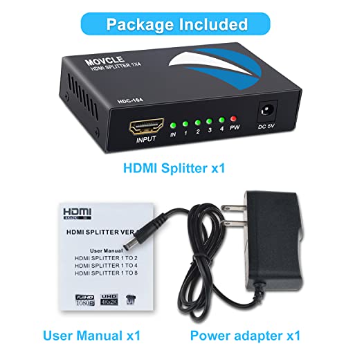 Movcle HDMI Splitter 1 in 4 out Full Ultra HD 1080P 4K/2K 1X4 Port Box Hub with US Adapter v1.4 Powered Certified for 3D Support