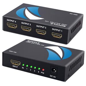 movcle hdmi splitter 1 in 4 out full ultra hd 1080p 4k/2k 1x4 port box hub with us adapter v1.4 powered certified for 3d support