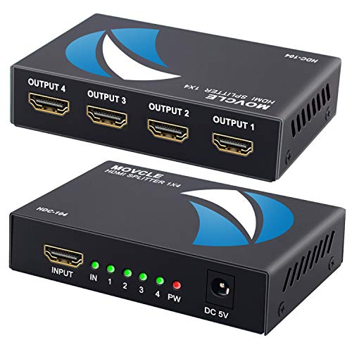 Movcle HDMI Splitter 1 in 4 out Full Ultra HD 1080P 4K/2K 1X4 Port Box Hub with US Adapter v1.4 Powered Certified for 3D Support