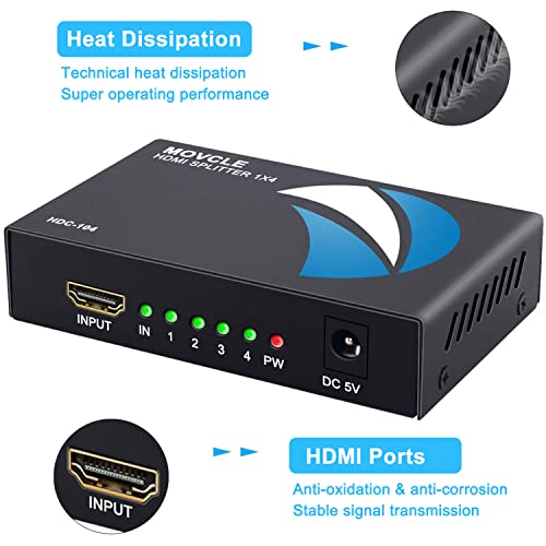 Movcle HDMI Splitter 1 in 4 out Full Ultra HD 1080P 4K/2K 1X4 Port Box Hub with US Adapter v1.4 Powered Certified for 3D Support