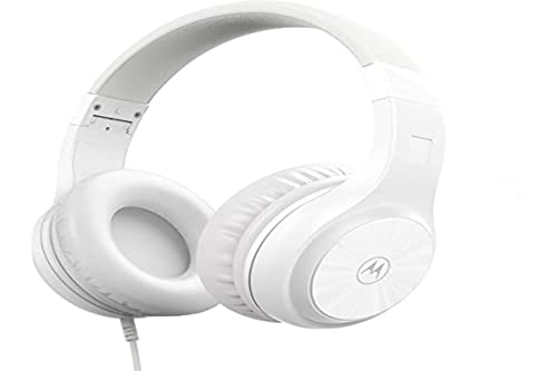 Motorola Over-Ear Headphones Wired - Moto XT120 Headphones with Microphone, in-Line Control for Calls - Foldable Head Phones, Adjustable Cushioned Headband - Dynamic Bass, Clear Sound - White