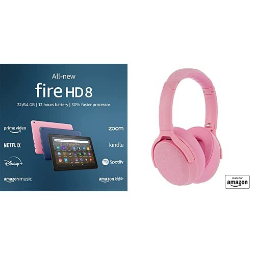 Tablet Bundle: Includes All-new Amazon Fire HD 8 tablet, 8” HD Display, 32 GB (Rose) & Made for Amazon Active Noise Cancelling Bluetooth Headphones (Rose)