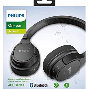 Philips ActionFit SH402 Wireless Bluetooth Headphones, IPX4 Splash-Resistance, Up to 20+ Hours of Play time, Echo Cancellation, Quick Charge, Smart Pairing and Cooling Earcups - Black (TASH402BK)