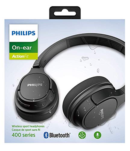 Philips ActionFit SH402 Wireless Bluetooth Headphones, IPX4 Splash-Resistance, Up to 20+ Hours of Play time, Echo Cancellation, Quick Charge, Smart Pairing and Cooling Earcups - Black (TASH402BK)