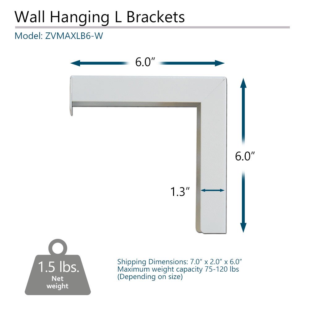 Elite Screens 6" White Projector Screen L-Brackets, Single Metal Welded Construction, Wall or Ceiling Mount - Includes Hooks and Hardware, Model: ZVMAXLB6-W