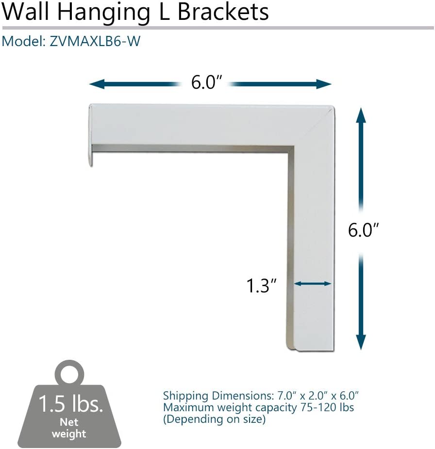 Elite Screens 6" White Projector Screen L-Brackets, Single Metal Welded Construction, Wall or Ceiling Mount - Includes Hooks and Hardware, Model: ZVMAXLB6-W