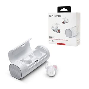 phiaton bolt bt 700 bluetooth earphones, true wireless earbuds with a charging speaker case, noise reduction earbuds, stereo sound, dual mems mic, voice command, 20 hrs. playtime, white