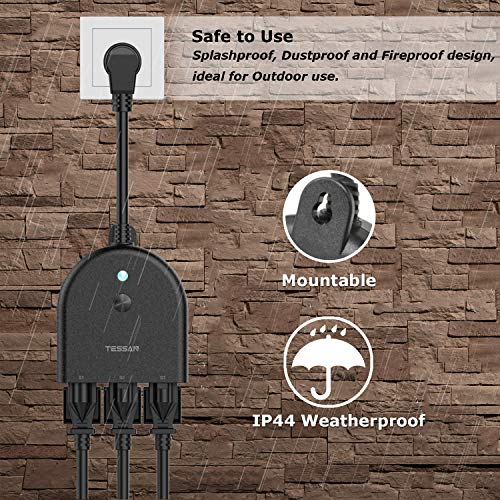 Outdoor Smart Plug, TESSAN WiFi Smart Outlet Switch with 3 Individual Sockets Work with Alexa Echo Google Home, Wireless Remote Control Outlet,Timer by Smartphone, Weatherproof Outdoor Power Strip