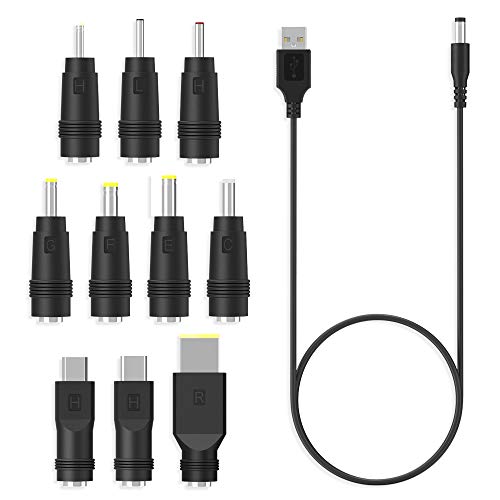 USB to DC Power Cable with 10pcs DC Barrel Jack Universal Laptop Power Adapter Tips USB 2.0 to DC 5.5x2.1mm Plug Charging Cord Kits Max 3A Compatible for Lenovo, Compatible for Asus and More