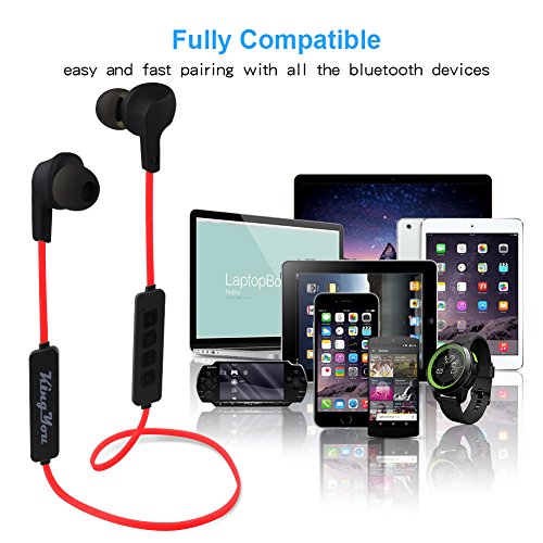 KingYou Bluetooth Earbuds Wireless Sports Headphones Super Comfort in Ear Magnetic Earphones with Built in Microphone Sweatproof for Gym Workout Running Jogging 8 Hours Play time (Red & Black)