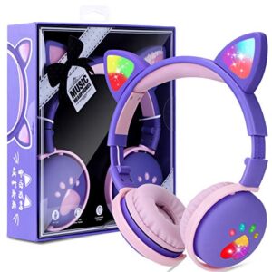 Kids Headphones, Wireless Cat Ear LED Light Up Bluetooth Headphones for Girls w/Microphone, Over On Ear Headset for School/Kindle/Tablet/PC Online Study Birthday Xmas Gift (Dark Purple)