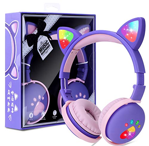 Kids Headphones, Wireless Cat Ear LED Light Up Bluetooth Headphones for Girls w/Microphone, Over On Ear Headset for School/Kindle/Tablet/PC Online Study Birthday Xmas Gift (Dark Purple)