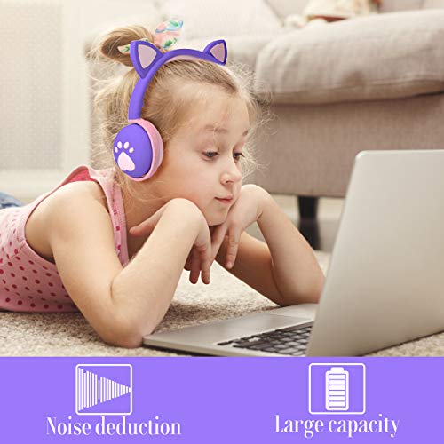 Kids Headphones, Wireless Cat Ear LED Light Up Bluetooth Headphones for Girls w/Microphone, Over On Ear Headset for School/Kindle/Tablet/PC Online Study Birthday Xmas Gift (Dark Purple)