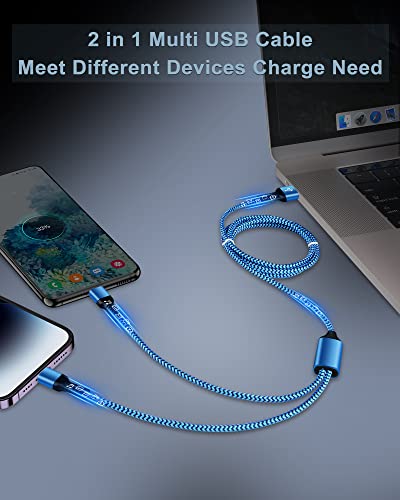 Multiple Charger Cable 2 in 1 iPhone and Android USB Charging Cable, 4ft Nylon Braided Multi Charging Cable with Type-C/Lightning Port Compatible with iPhone 14 Pro Max/14/13/12, iPad, Samsung, Google