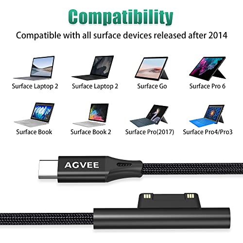 AGVEE 6.6ft USB-C to Surface Connect Charging Cable Cord with LED Indicator for Microsoft Surface Pro 7/6/5/4/3, GO 3/2/1 Surface Laptop 4/3/2/1, Black