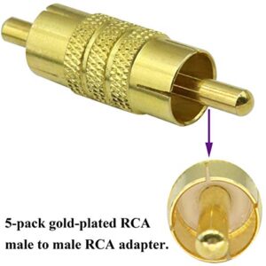 AAOTOKK RCA Coupler Connector Gold Plated RCA Male to Male RCA Adapter Extension AV/TV Audio Video Cable Metal Connector (5 Pack)