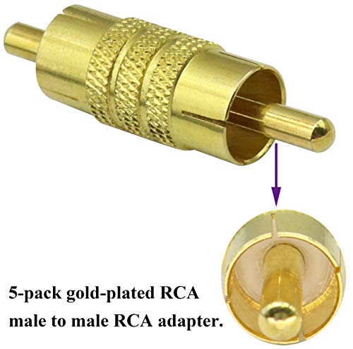 AAOTOKK RCA Coupler Connector Gold Plated RCA Male to Male RCA Adapter Extension AV/TV Audio Video Cable Metal Connector (5 Pack)