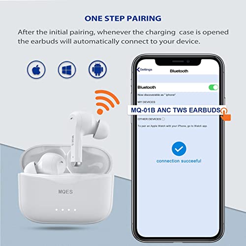 MQES Active Noise Cancelling Wireless Earbuds,in-Ear Headphones Bluetooth 5.2, Built-in 4mics Earphones,Touch Control, ANC and ENC, IPX5 Waterproof, 30H Playtime, for iPhone & Android White MQ-01B