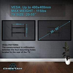 Cheetah APTMSB TV Wall Mount for 20-55” TVs up to VESA 400 and 115lbs, and fits 16” Wall Studs, and Includes a Tilt TV Bracket, a 10’ Twisted Veins HDMI Cable and a 6” 3-Axis Magnetic Bubble Level